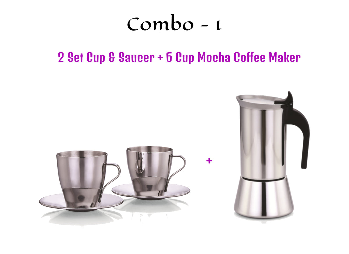 Mocha 6 Cup Coffee Maker & Cup and Saucer Combo – Atlasware India
